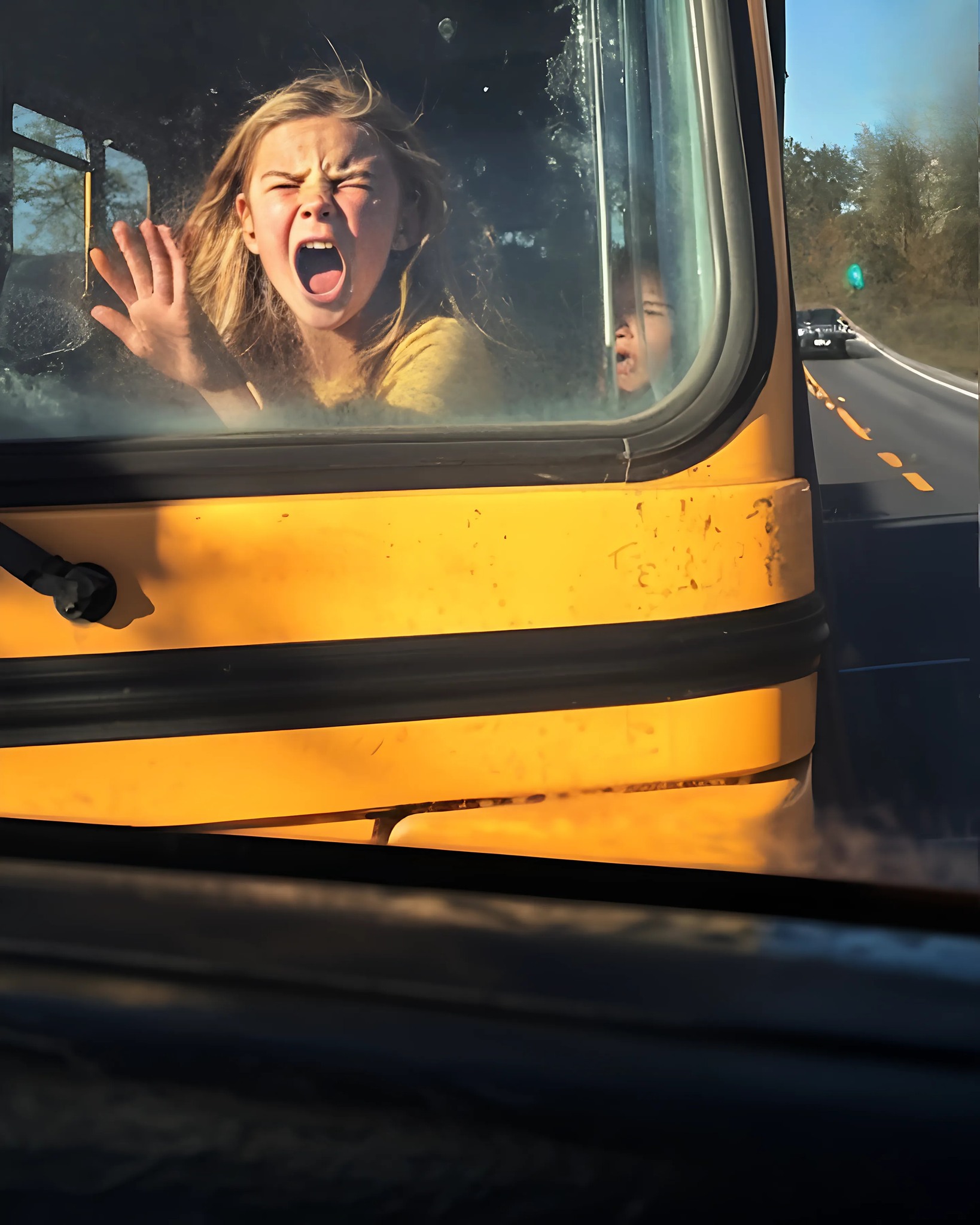 I saw a child on a school bus banging on the back window and screaming ...